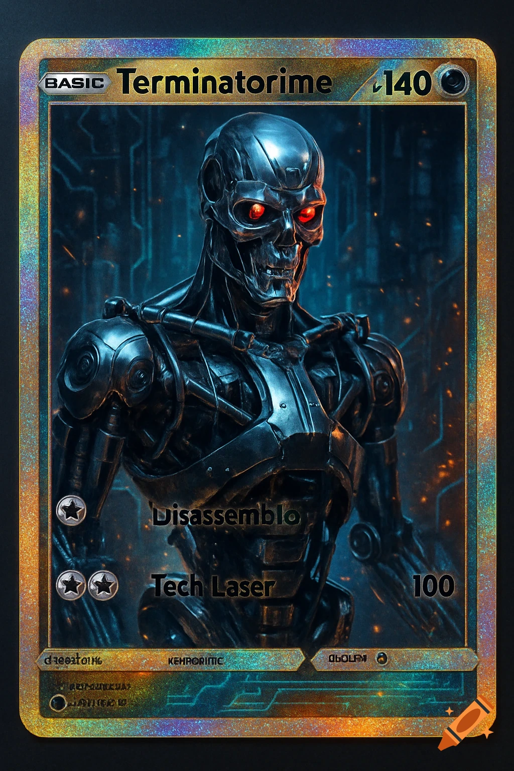 A holographic collectible card featuring a dark metallic Terminator ...