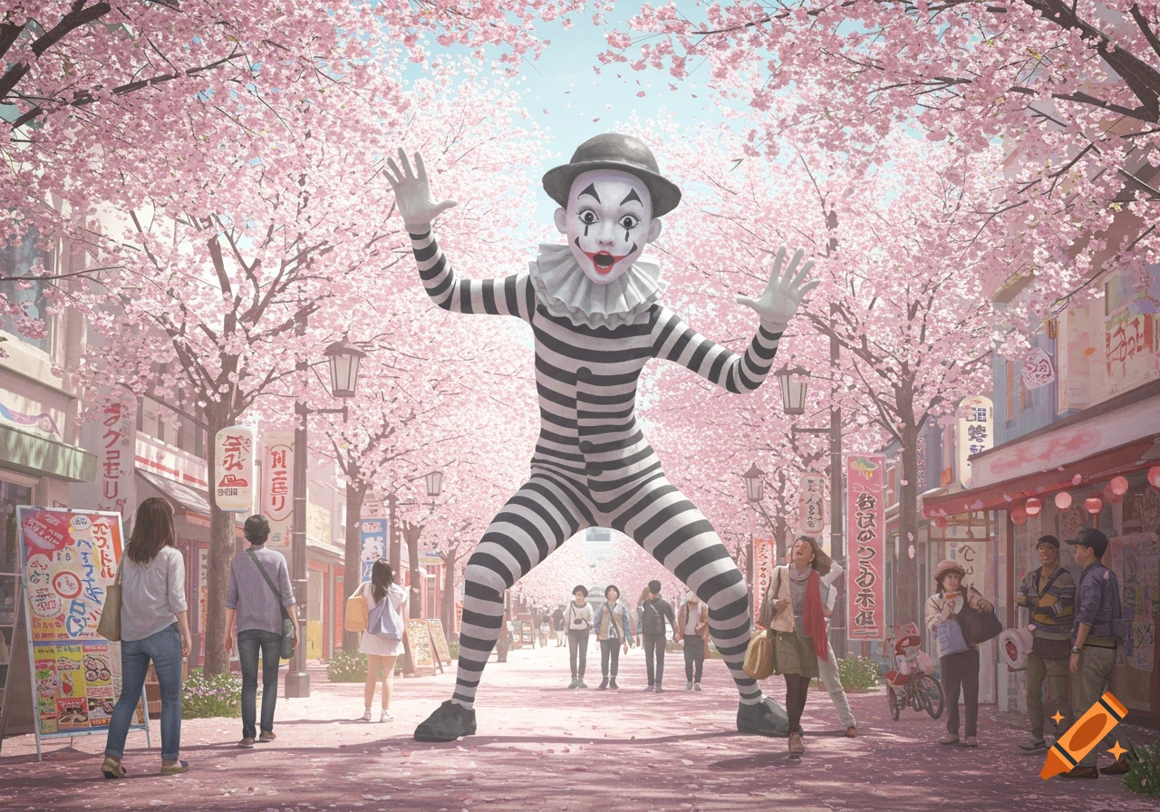 A giant mime doll with a white ruffled collar and black and white ...