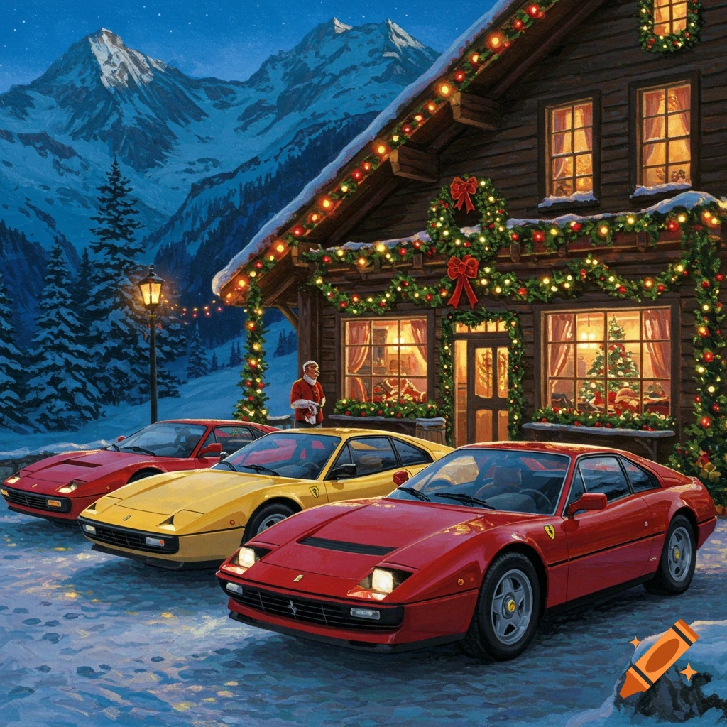 Painterly image of three Ferrari cars parked in front of a snow-covered ...