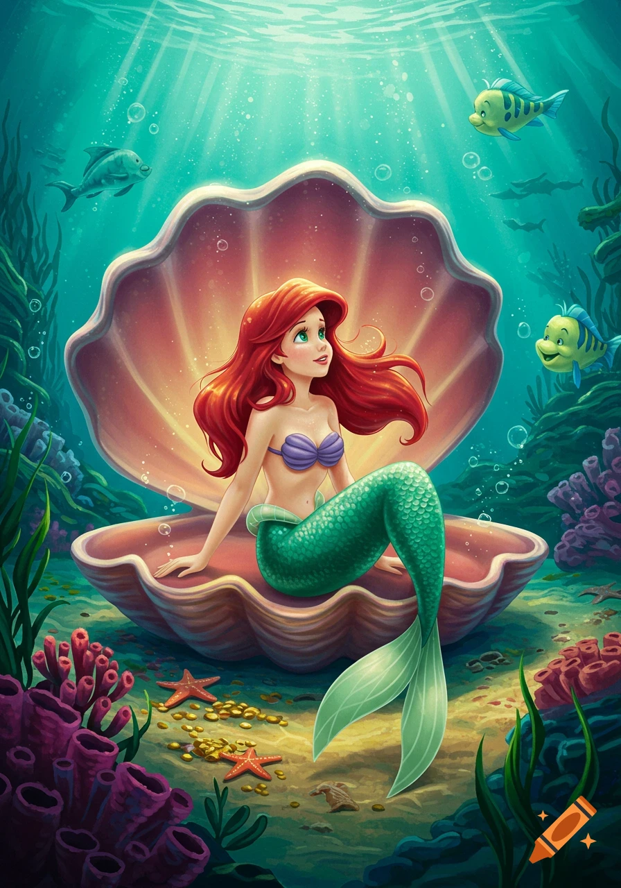 Ariel the mermaid pushes against a large mossy rock in a sunlit forest ...