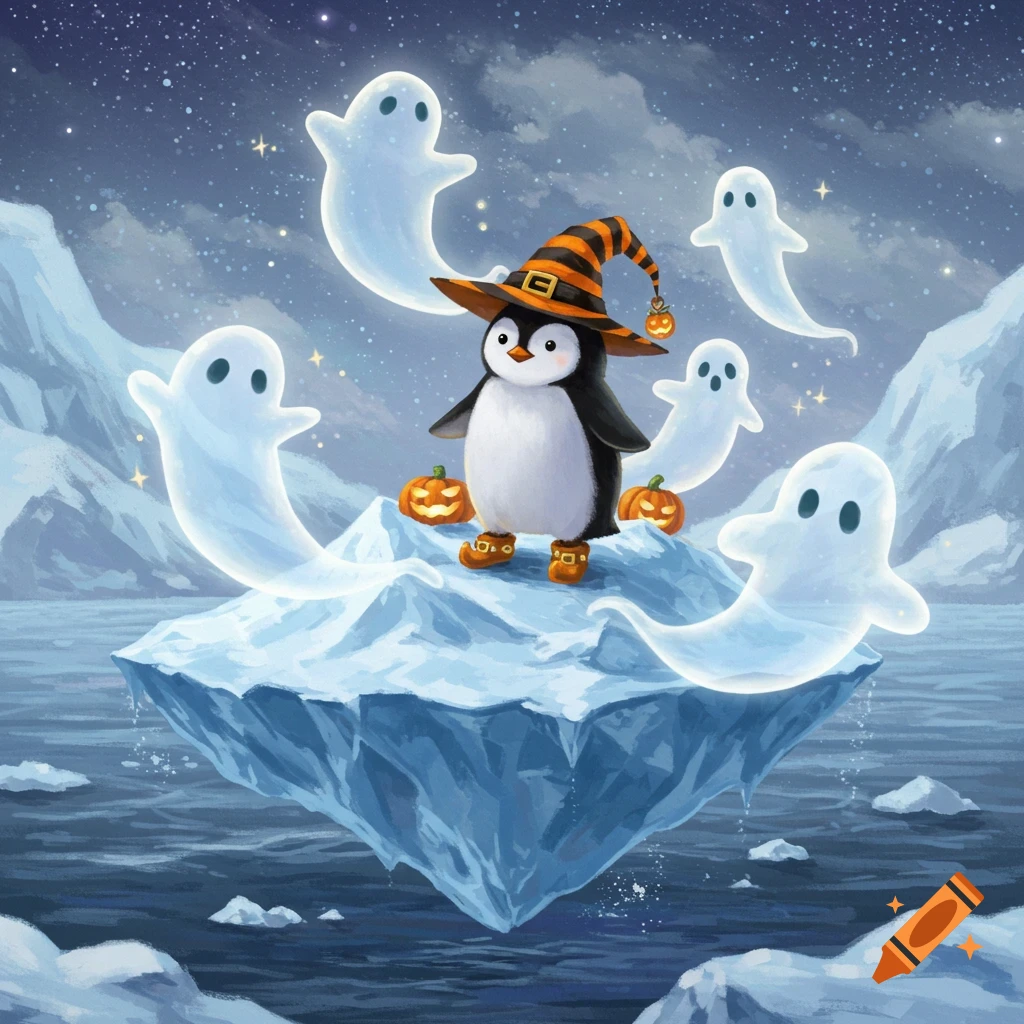 A cute penguin in a witch hat stands on a flying iceberg with pumpkins ...