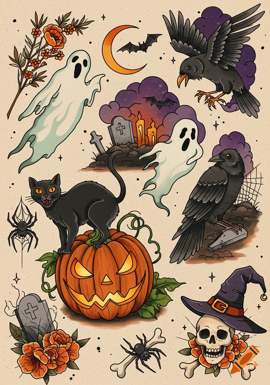 A neotraditional Halloween tattoo flash sheet featuring ghosts, a black ...