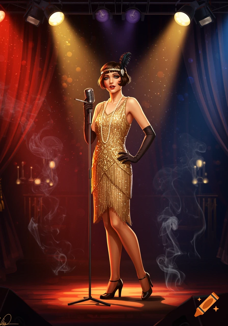 Illustrated 1920s cabaret singer in a gold dress and feather headband ...