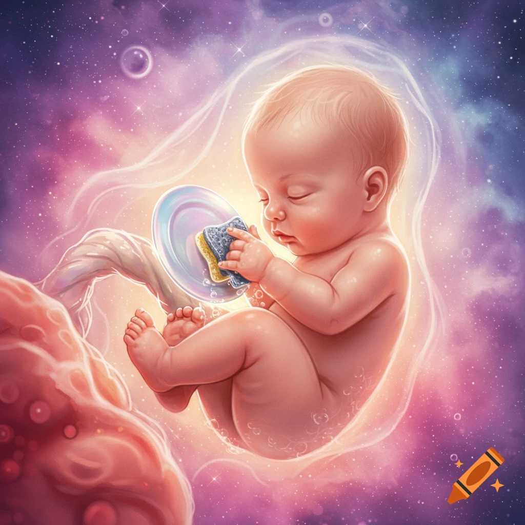 Neon anime-style illustration of a baby alien glowing inside a cosmic ...