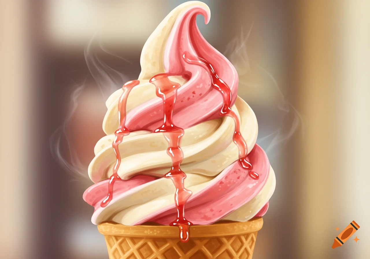 A hand holds an ice cream cone with three scoops of blue, red, and ...