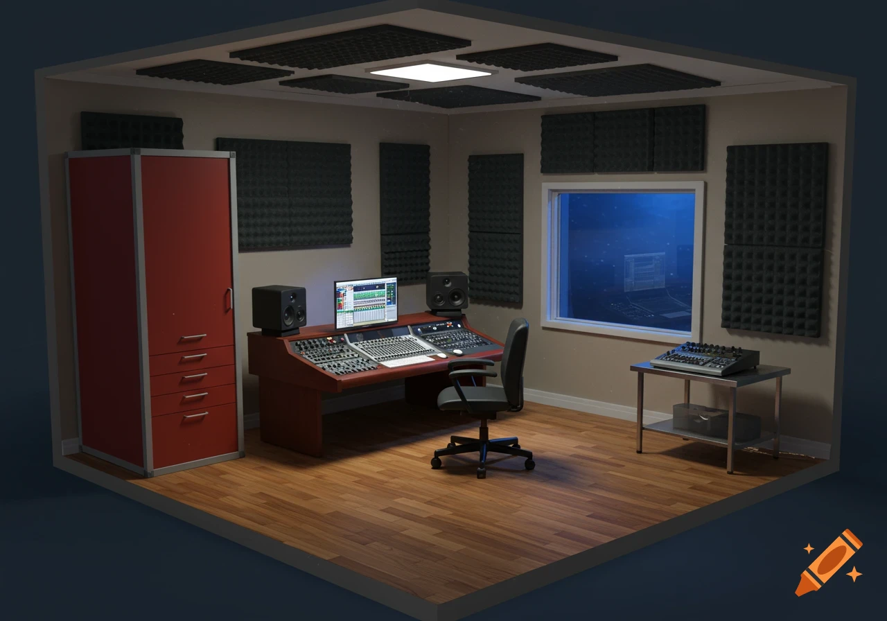 Isometric view of a modern recording studio with a mixing desk ...