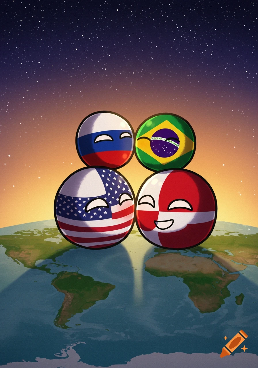 Cartoon countryballs of Russia, Poland, and USA on a world map. on Craiyon