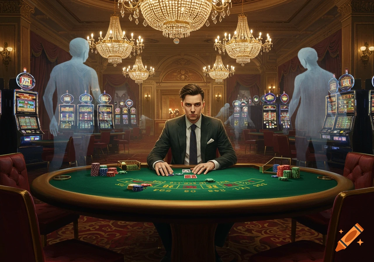 A roulette wheel, dice, and hourglass float in a dark room with shadowy ...