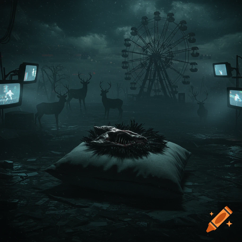 A large, creepy plastic tree with a cartoon face stands in the center ...