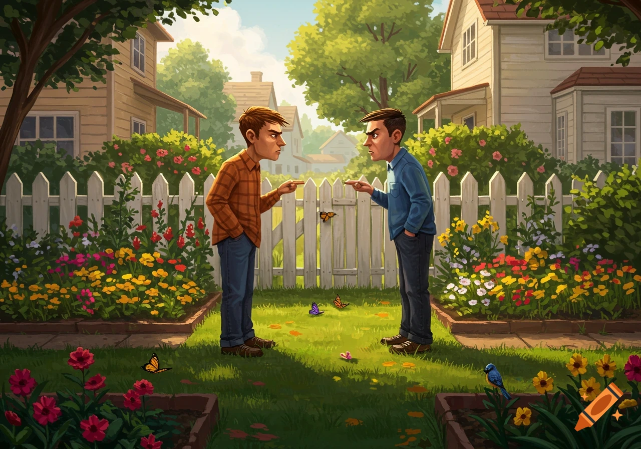 Cartoon illustration of two angry neighbors arguing across a white ...