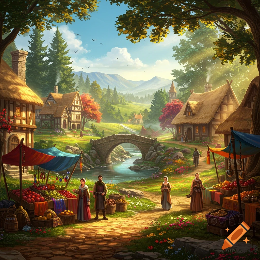 A vibrant fantasy medieval village with thatched-roof houses, market ...