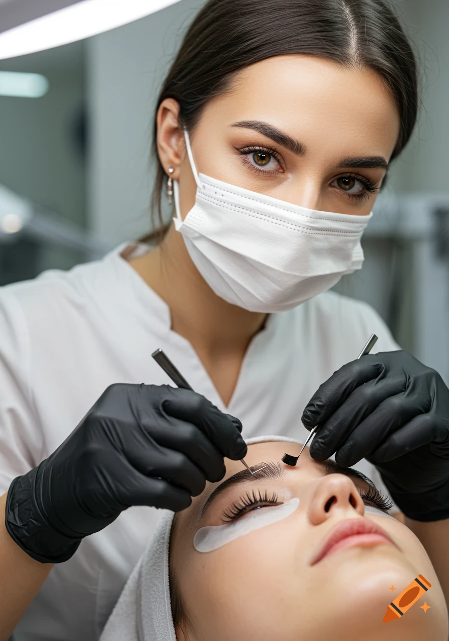 A female nail technician in glasses and black gloves meticulously works ...