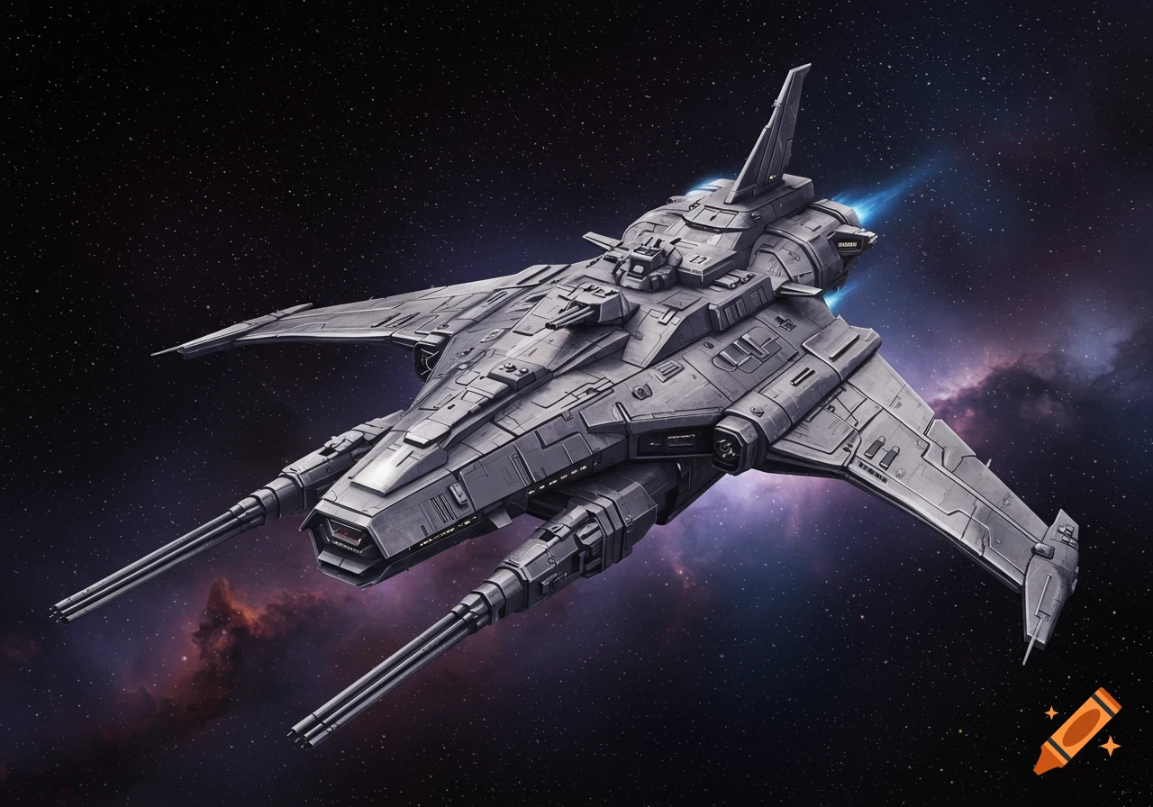 A detailed silver spaceship with two prominent cannons flies through ...