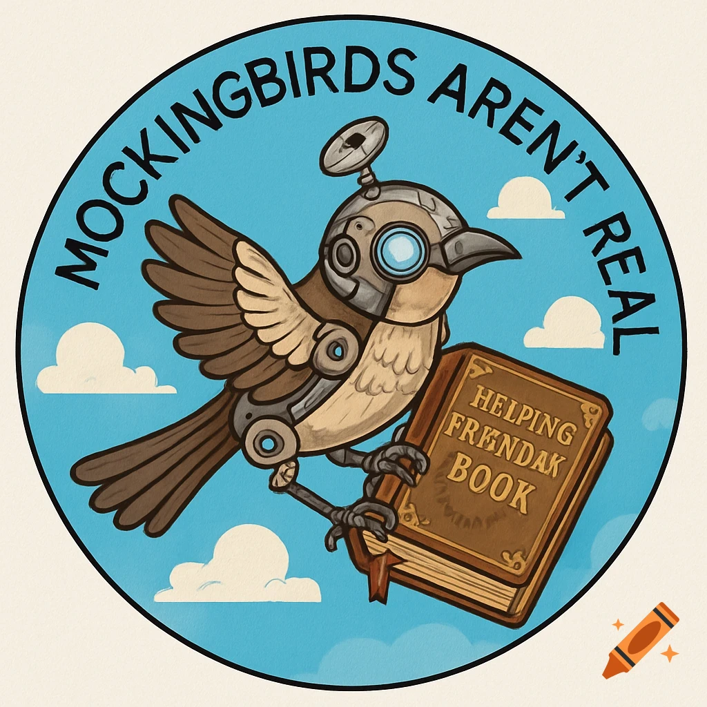 Cartoon cyborg bird flies in a blue sky, holding a brown book. Text ...