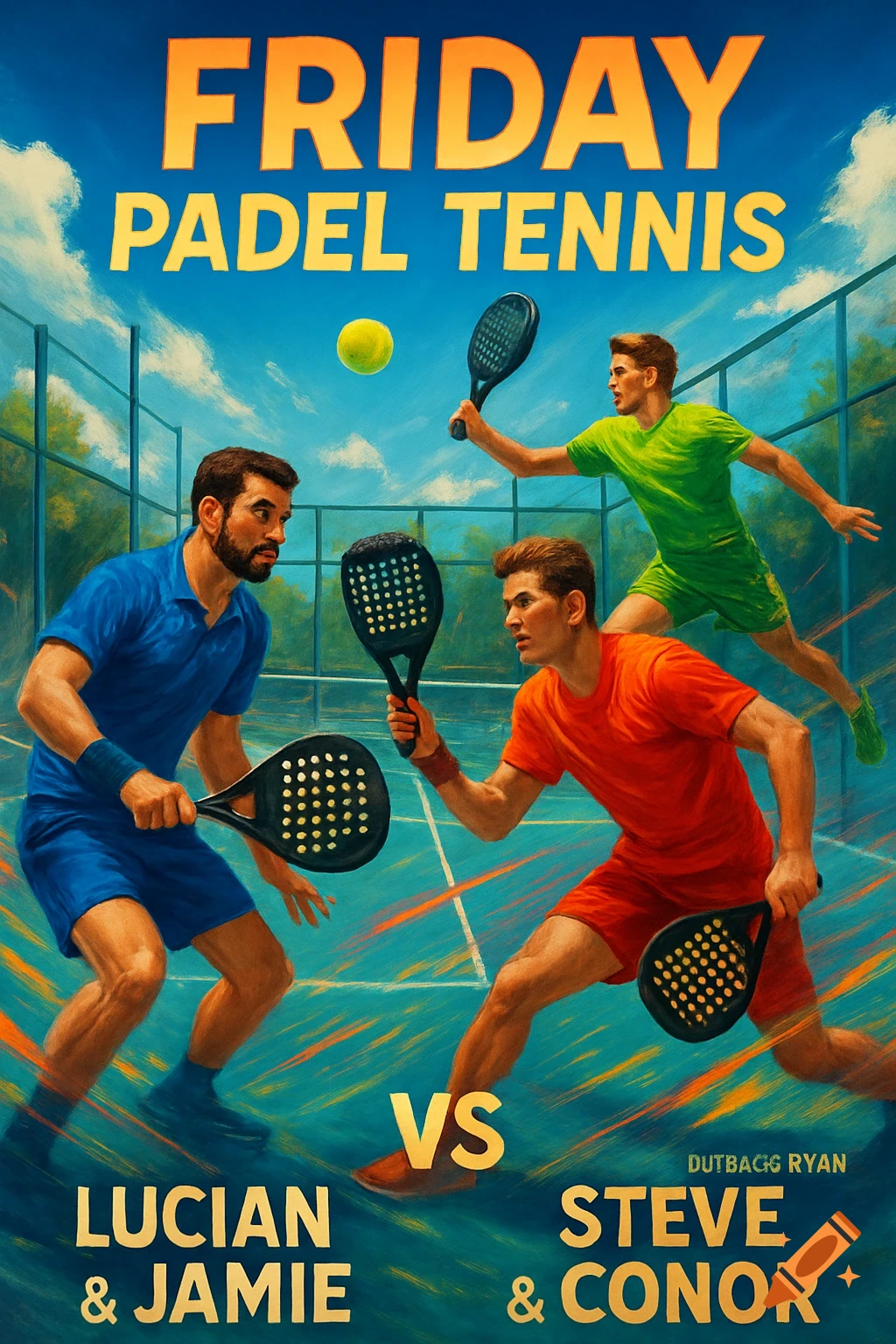 A vibrant, painted poster for 'Friday Padel Tennis' featuring four male ...