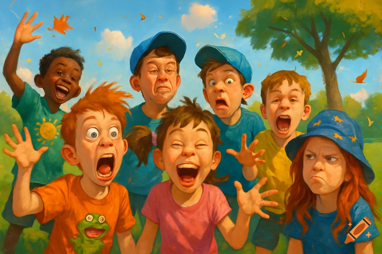 A painted illustration of seven children with exaggerated, surprised ...