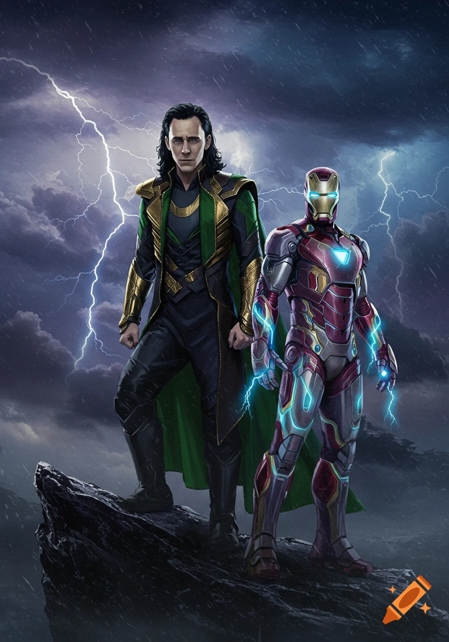 Loki in green and gold and Iron Man in red armor stand on a rocky peak ...