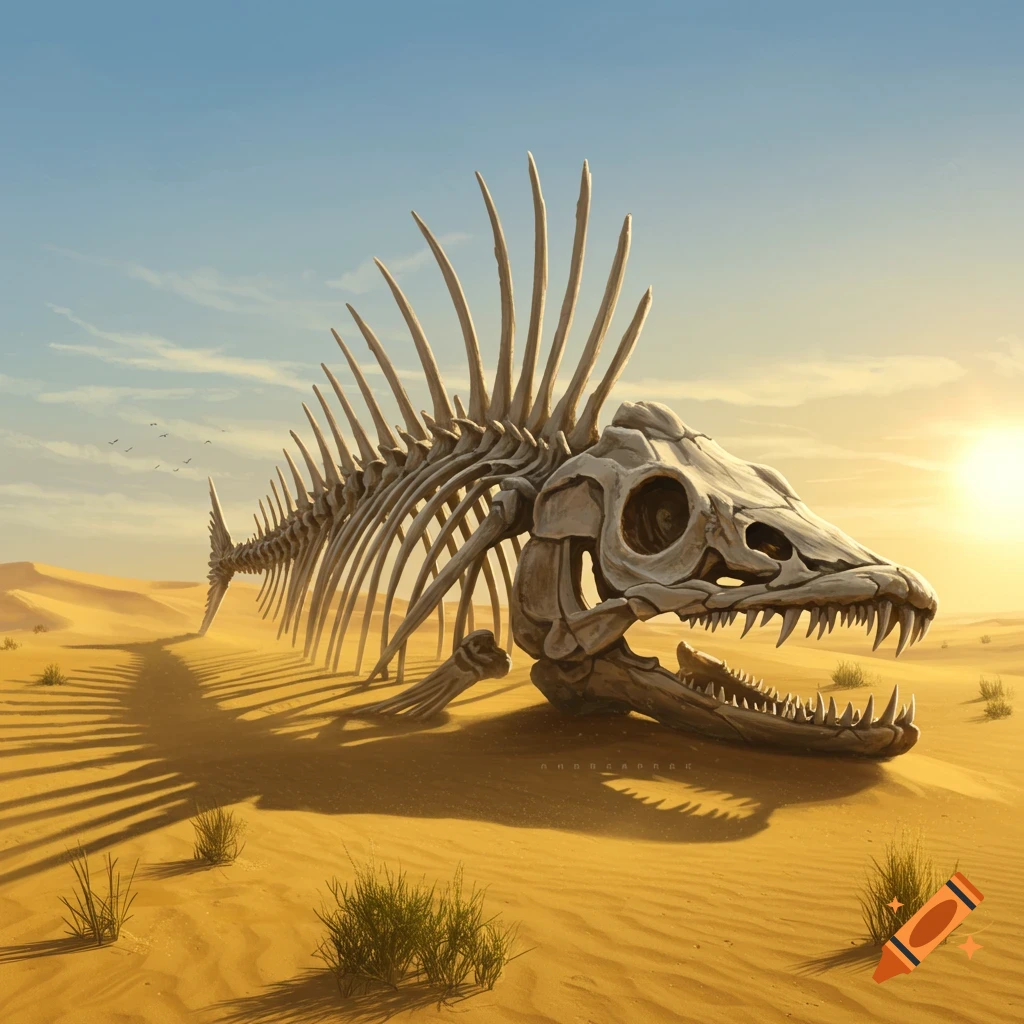 A giant fish skeleton with a spiny dorsal fin lies in a vast, sunlit ...