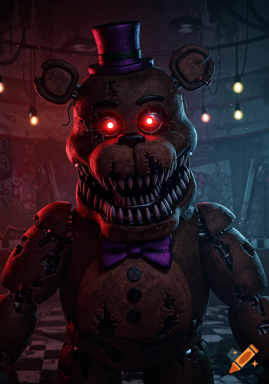 A menacing, damaged animatronic bear with glowing red eyes, sharp teeth ...