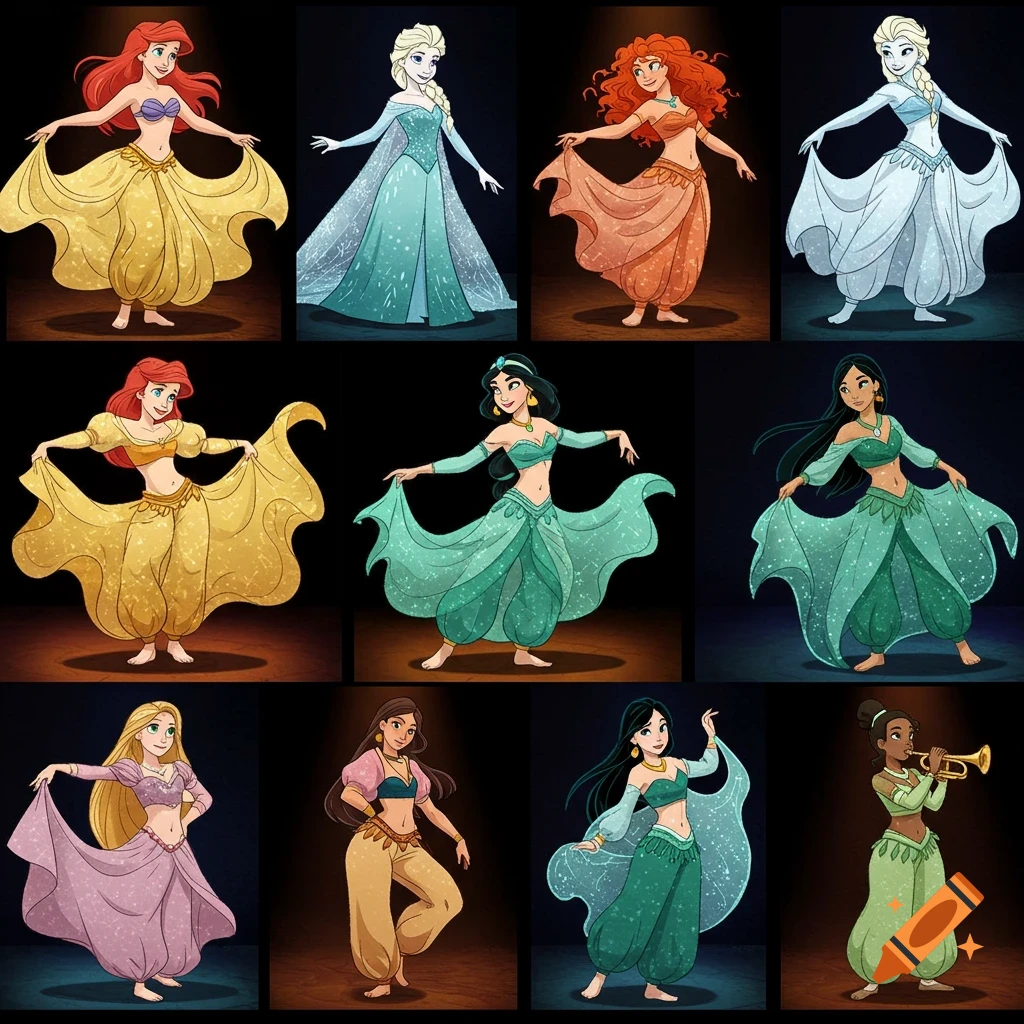 A grid of nine Disney princesses, including Ariel, Elsa, Merida ...