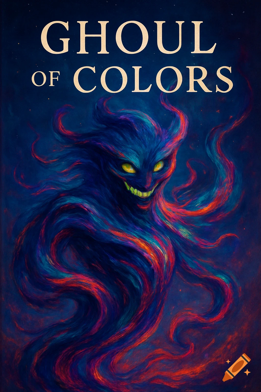 Dark blue, red, and purple ghoul with glowing yellow eyes and a wide ...