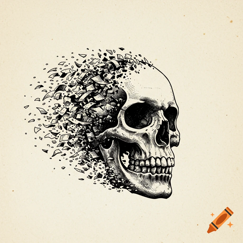 Black-and-white VHS-distorted art of a metal mask blending into a ...