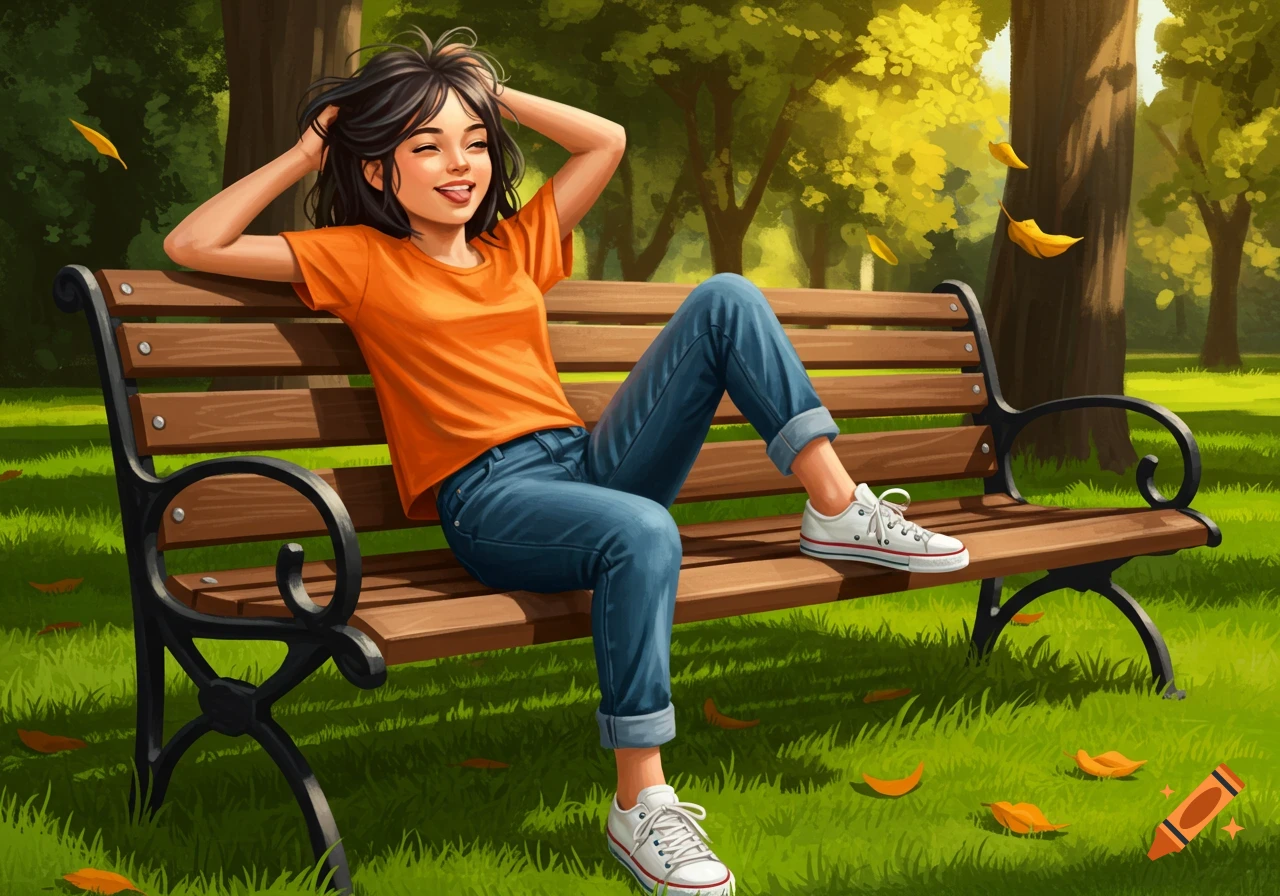 Photorealistic woman reclining on a park bench with a childlike crayon ...