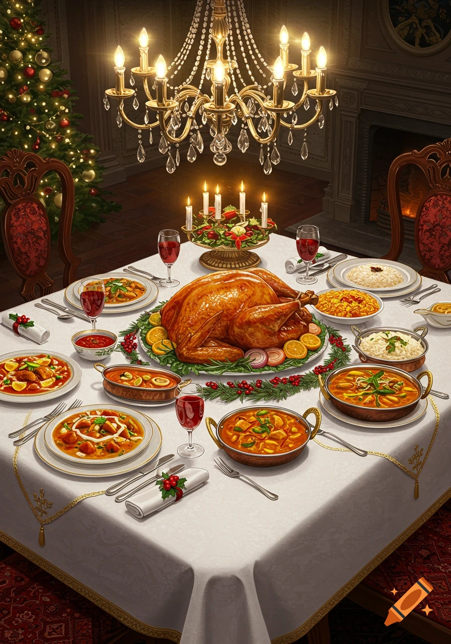 A beautifully decorated Christmas dinner table set for guests, with a roasted turkey, vegetables ...