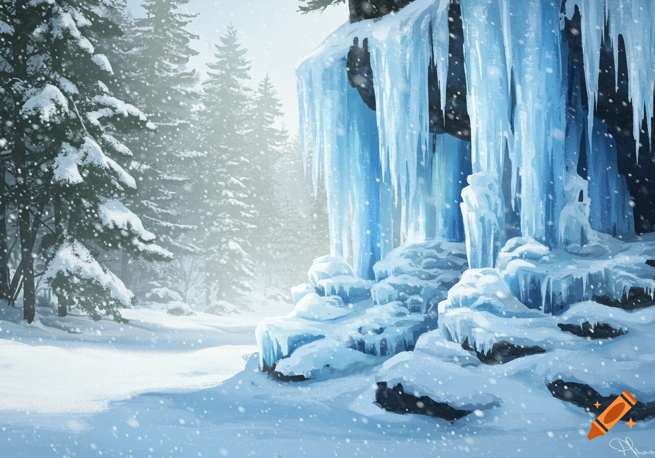 Glowing translucent ice crossbow bolts pierce a snowy landscape in a ...