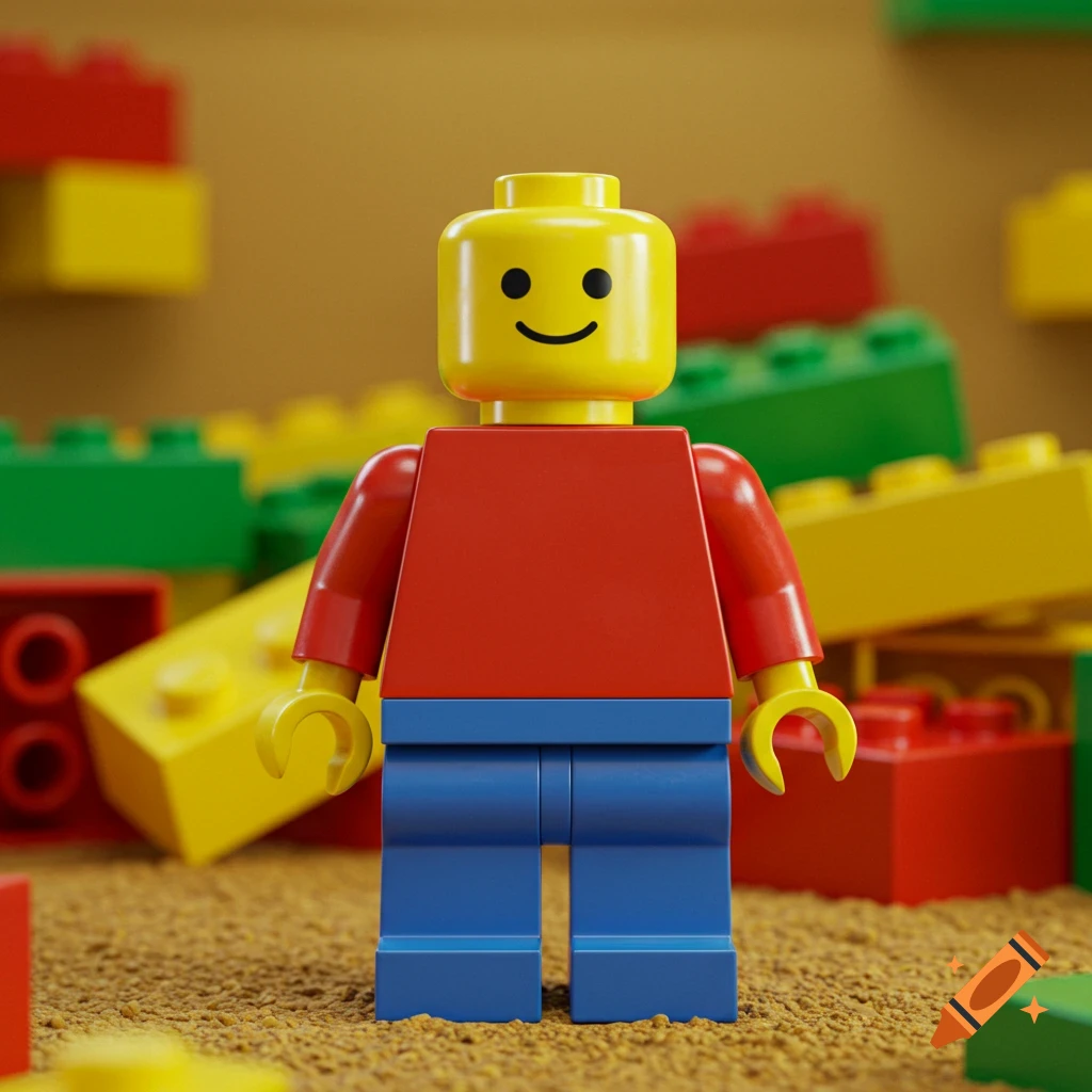 Grumpy Smurf constructing a house with colorful Lego bricks on Craiyon