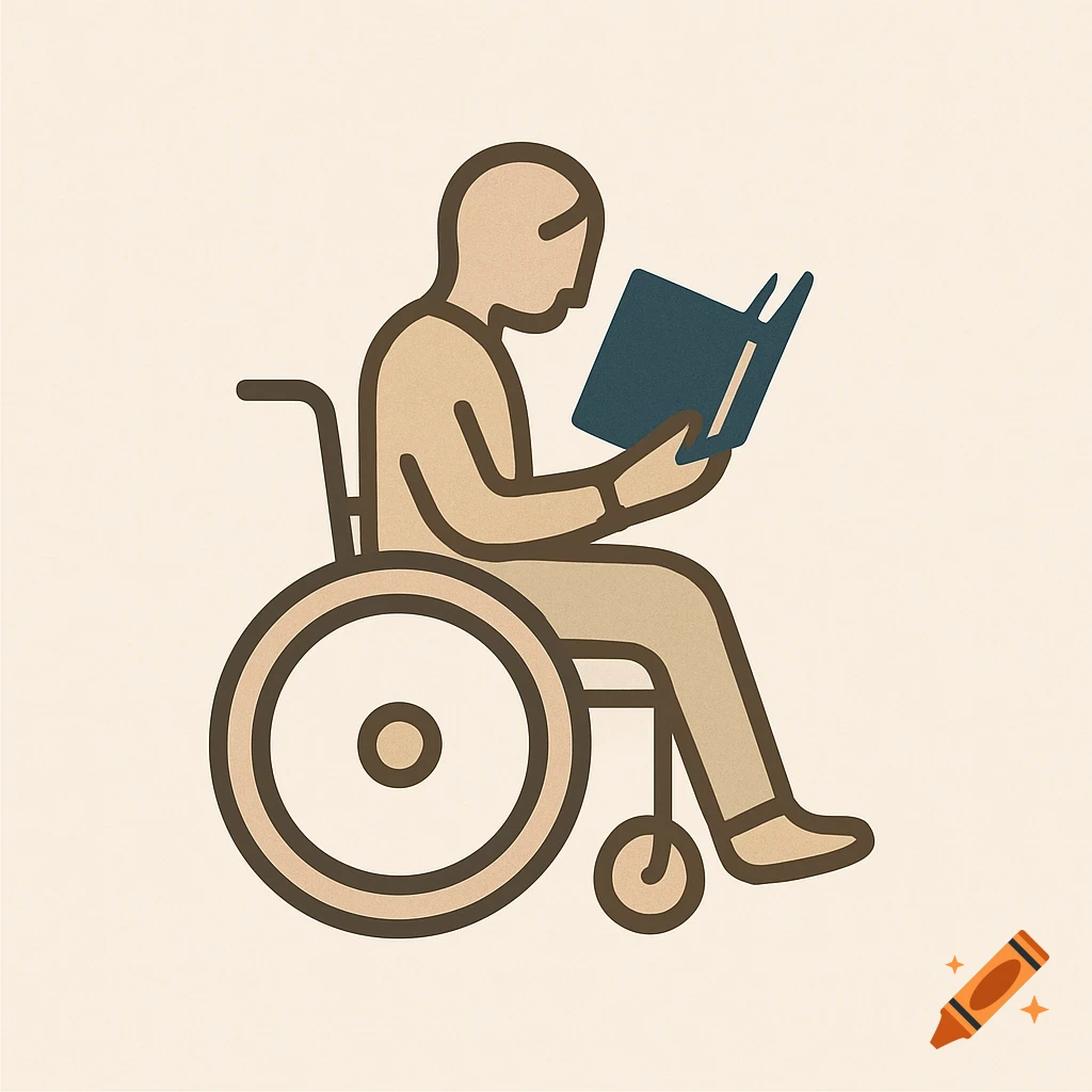 Minimalist illustration of a person in a wheelchair reading a book. on ...