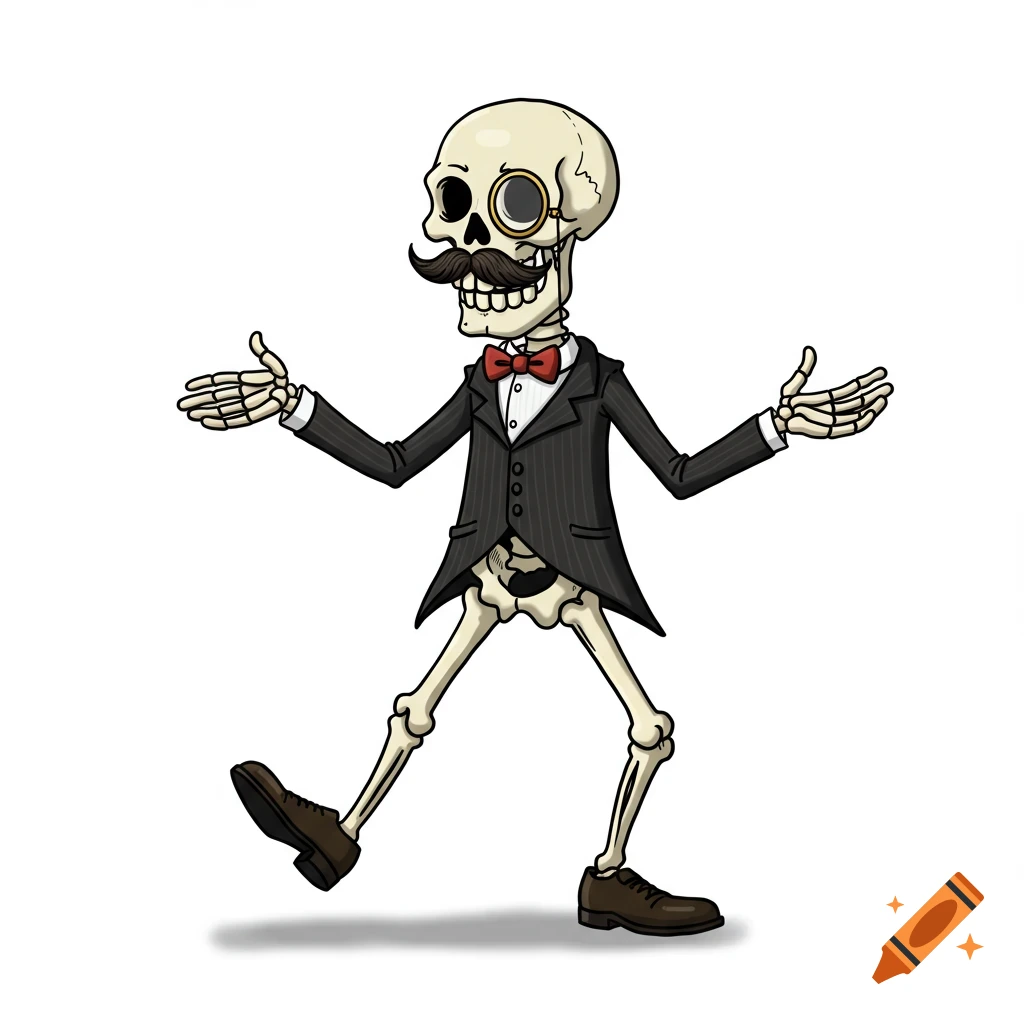 A walking cartoon skeleton in a pinstripe suit, red bow tie, mustache ...