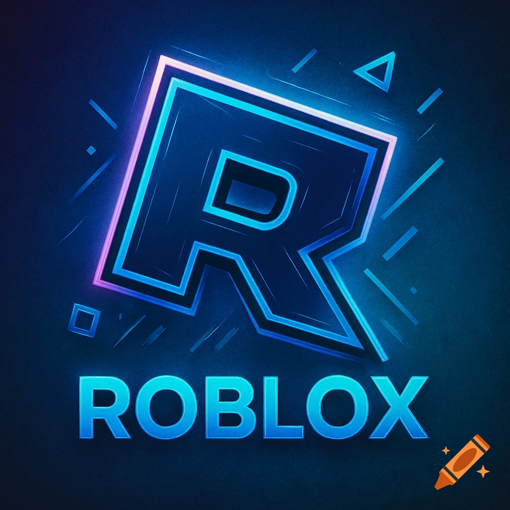 Neon blue and pink Roblox 'R' logo with text 'ROBLOX' below, on a dark ...