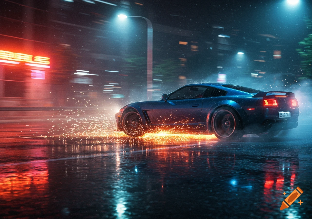 A black Aston Martin sports car speeds on a wet road at night ...