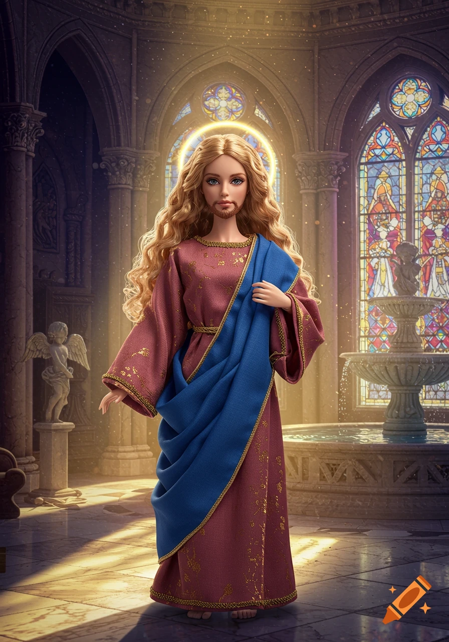 A Barbie doll styled as Jesus Christ, with long blonde hair, a beard, a ...