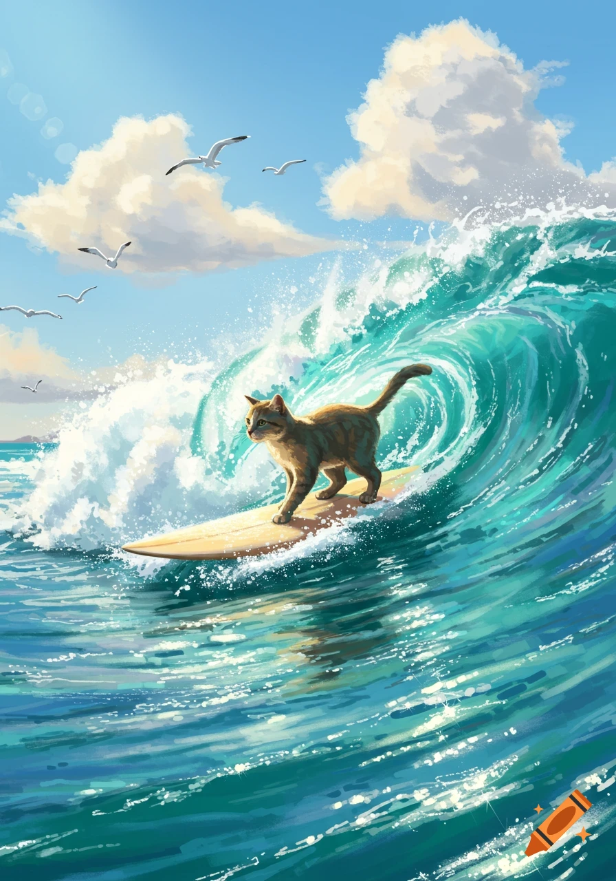 A tabby cat expertly surfs a large, breaking wave in a vibrant ocean ...