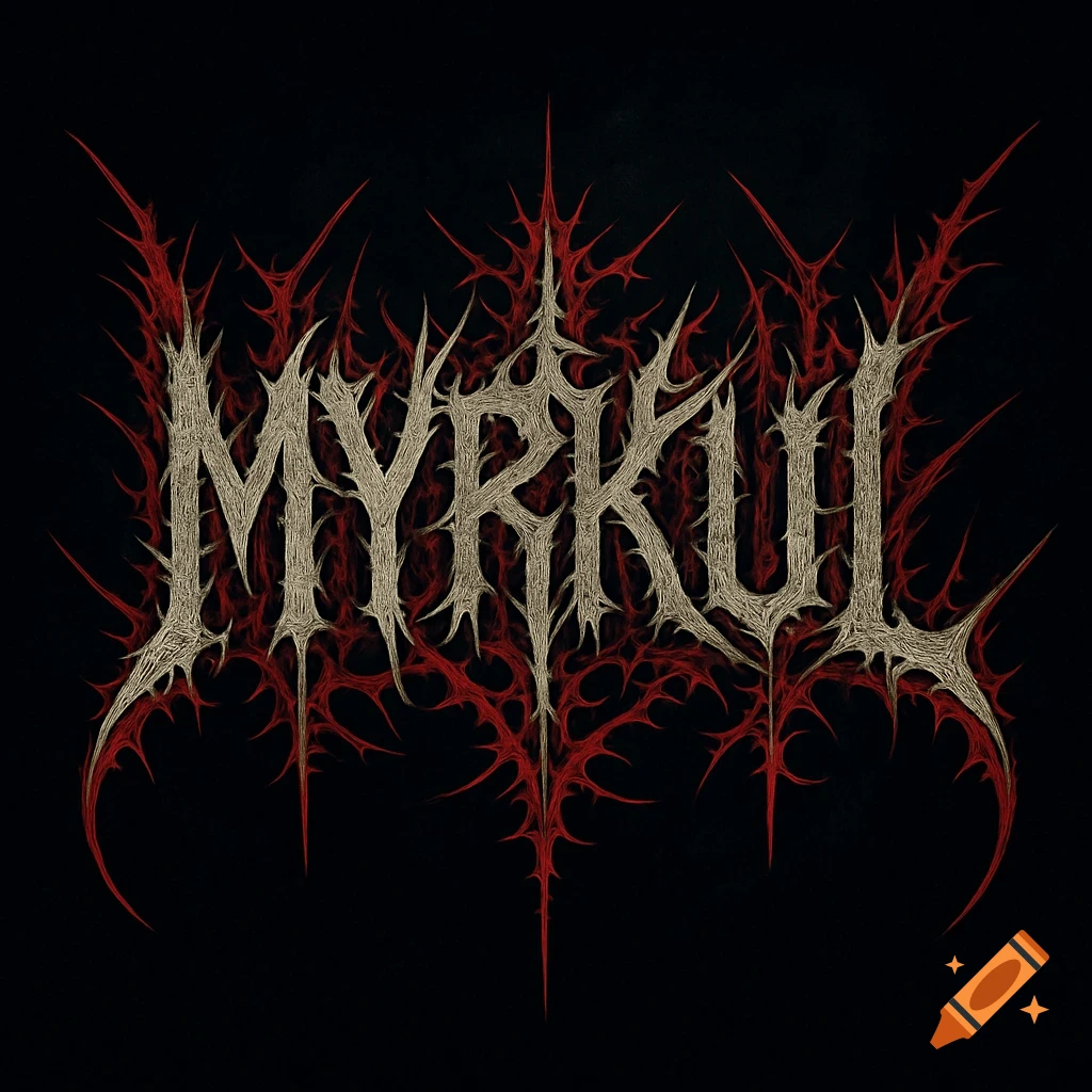 A death metal logo for 'MYRKUL' with spiky, bone-like letters and red ...