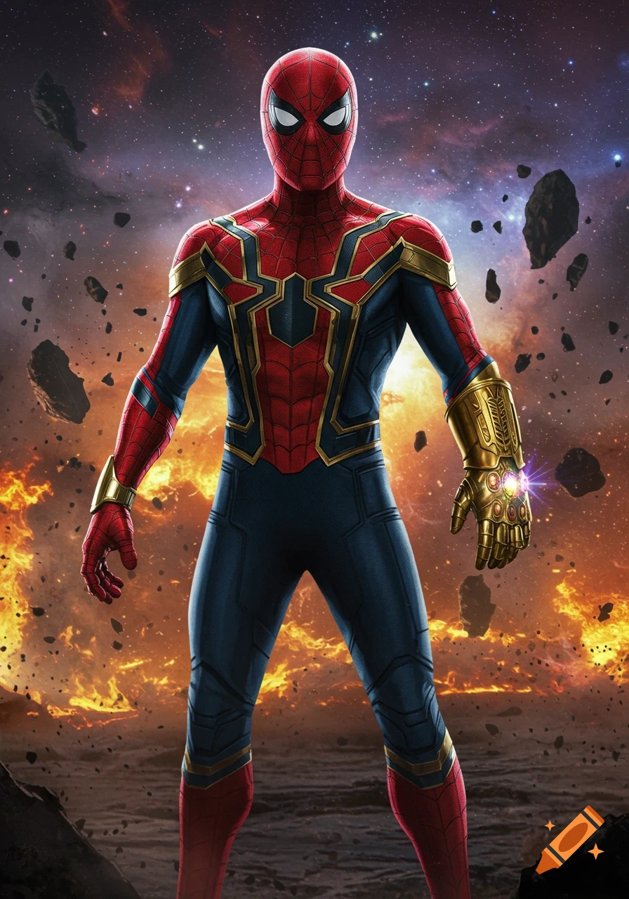 Spider-Man in his Iron Spider suit and Infinity Gauntlet stands in a ...
