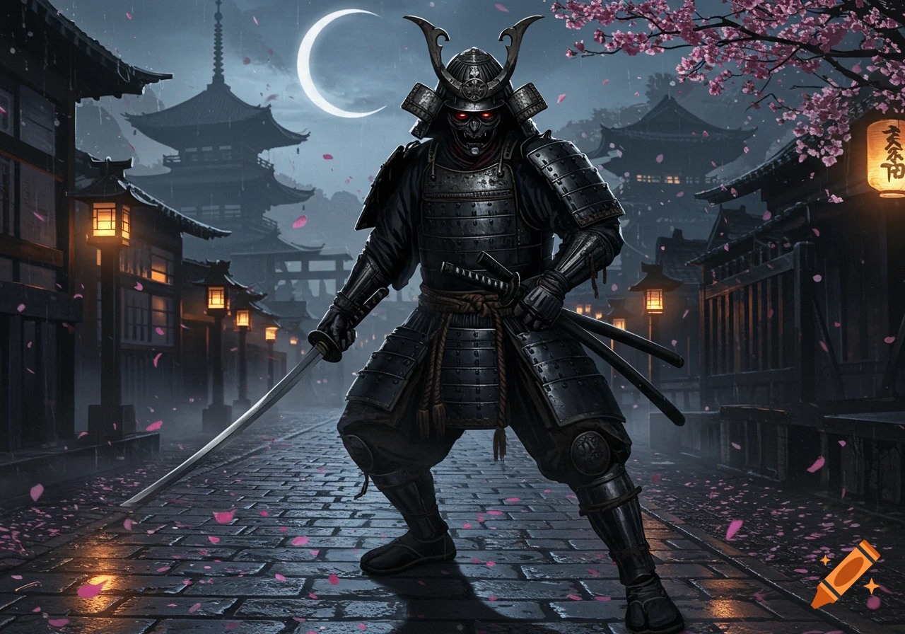 A samurai in red armor with a katana stands in a misty field under ...
