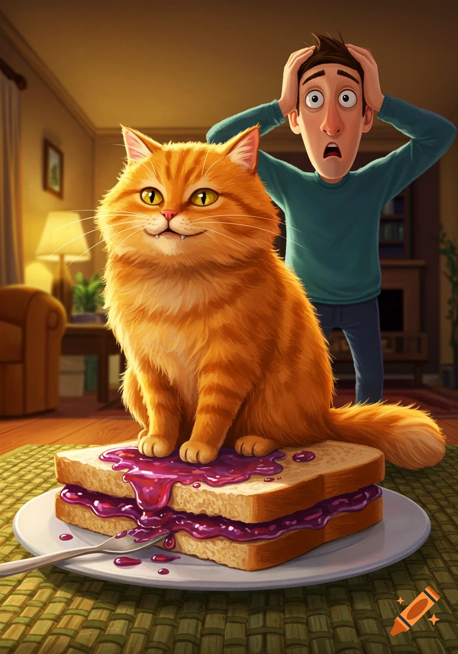 A cartoon orange cat sits gleefully on a jam sandwich, as a distressed ...
