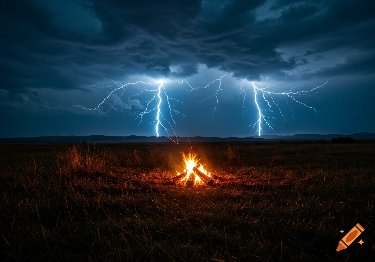 A crackling campfire glows in a dark field as multiple lightning bolts ...