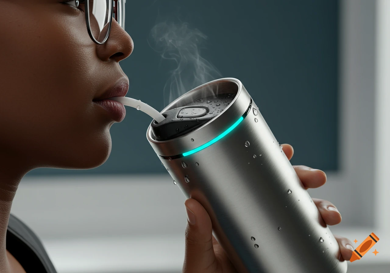 A realistic product photo of a shiny blue metal water bottle with a ...