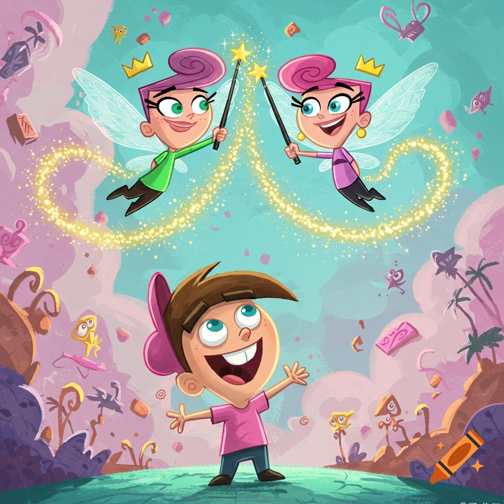 Cartoon fairies Wanda (pink) and Cosmo (green) flying in a magical sky, holding wands with ...