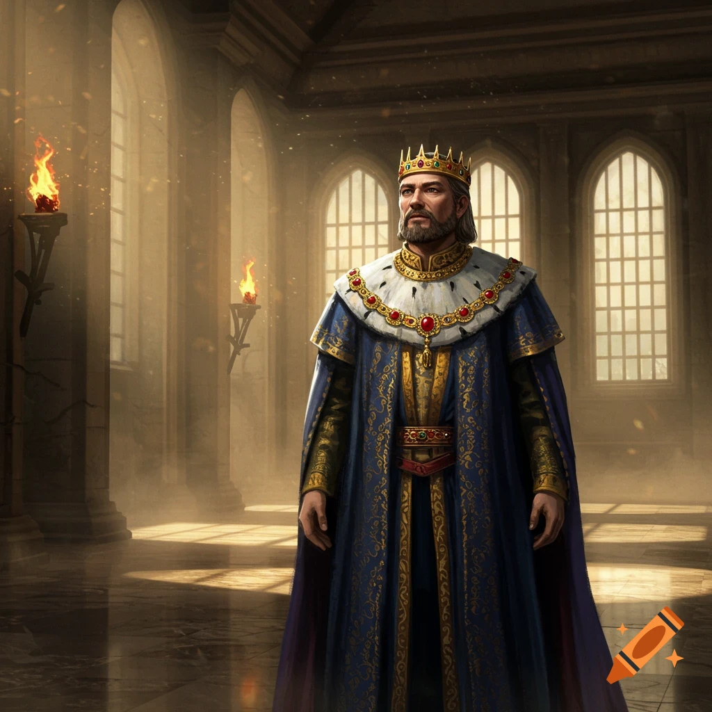 A red-bearded king in a green and purple regal robe and gold crown ...