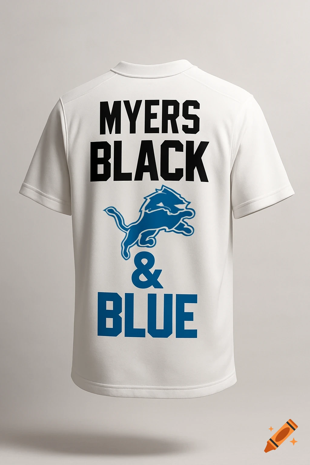 A white football jersey from the back with "MYERS" in black, "BLACK" in ...