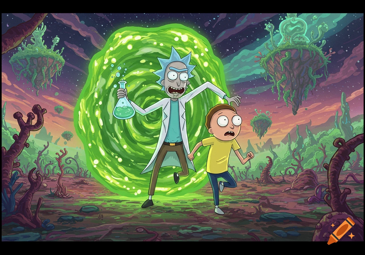 Rick and Morty emerging from a glowing green portal on an alien planet ...