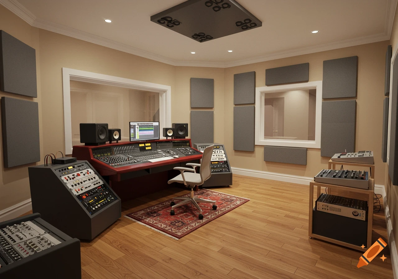 A modern, professional recording studio with a mixing console, multiple ...