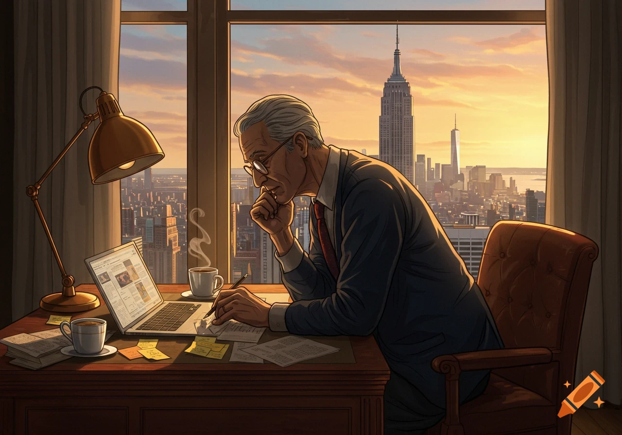 An older man, a writer, works on a laptop at his desk in an office ...