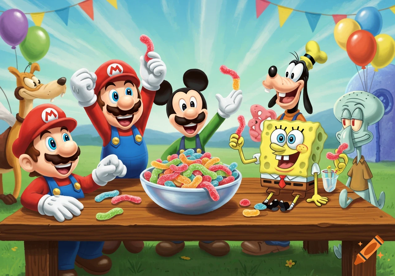 A vibrant cartoon illustration of Mario, Mickey Mouse, Goofy, SpongeBob ...