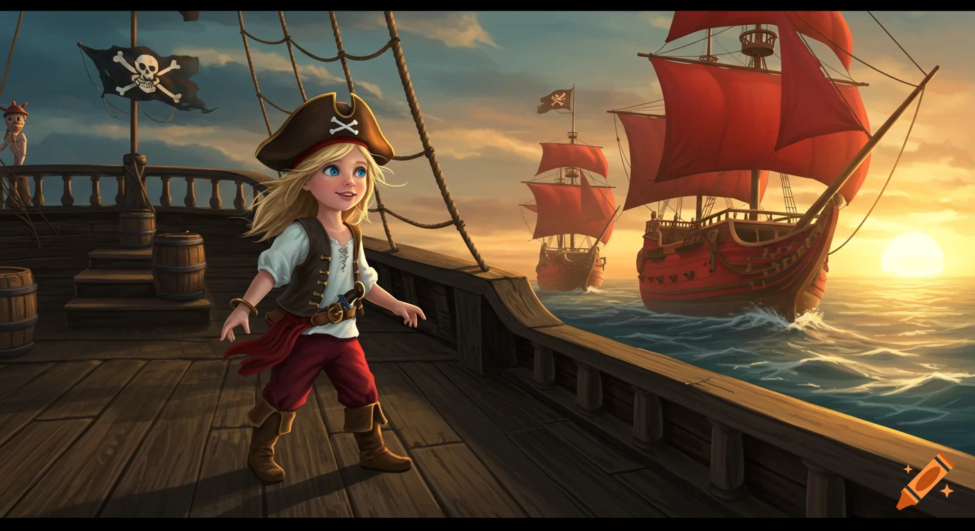 An illustration of a young blonde pirate girl on a ship deck at sunset, with two red pirate ...